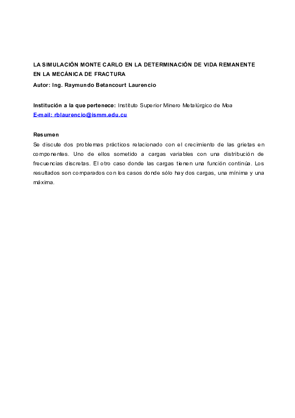 (DOC) LA SIMULACIÓN MONTE CARLO EN LA DETERMINACIÓN DE VIDA REMANENTE EN LA