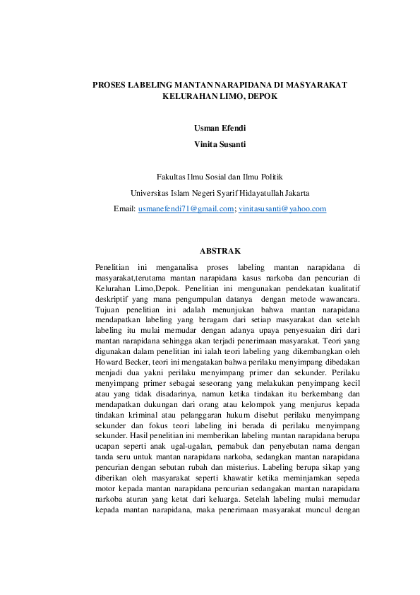 (PDF) PROSES LABELING MANTAN NARAPIDANA DI MASYARAKAT KELURAHAN LIMO, DEPOK