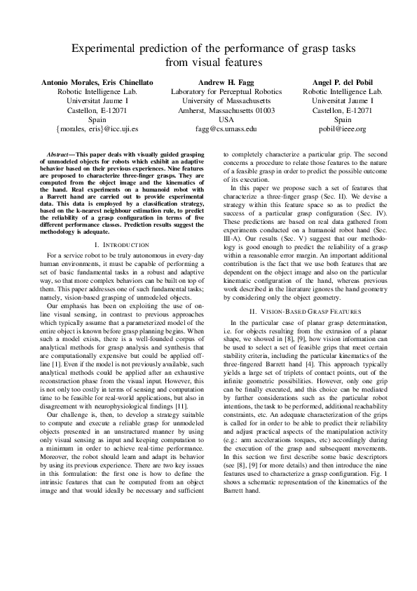 (PDF) Experimental prediction of the performance of grasp tasks from visual features