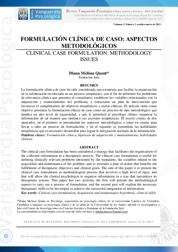 (PDF) FORMULACIÓN CLÍNICA DE CASO: ASPECTOS METODOLÓGICOS CLINICAL CASE ...