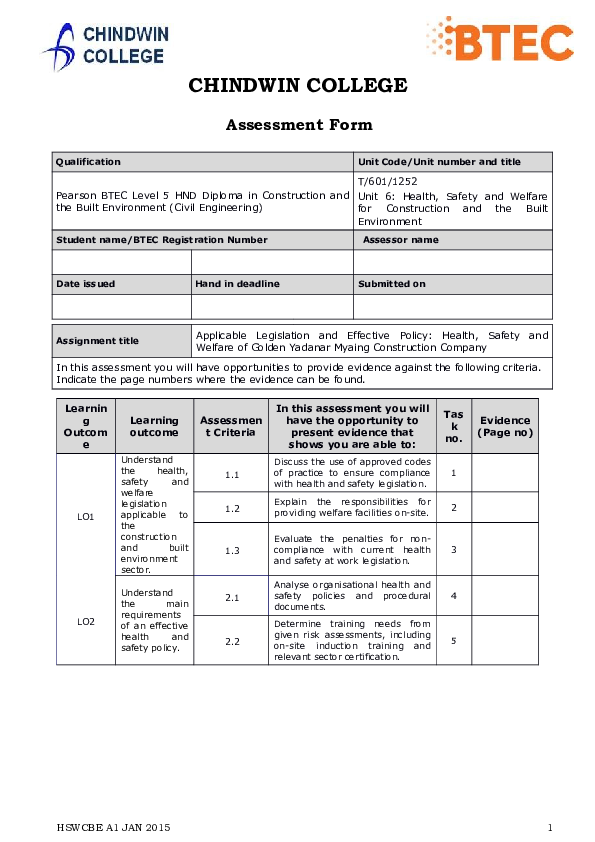 (DOC) CHINDWIN COLLEGE Assessment Form Student name/BTEC Registration ...