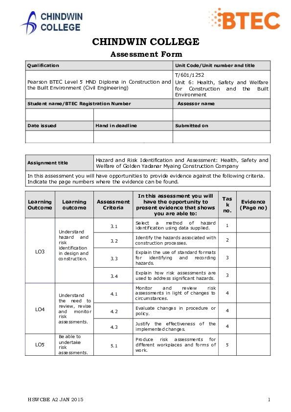 (DOC) CHINDWIN COLLEGE Assessment Form Student name/BTEC Registration ...