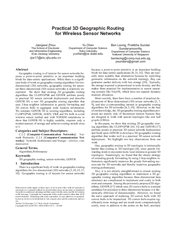 (PDF) Practical 3D geographic routing for wireless sensor networks