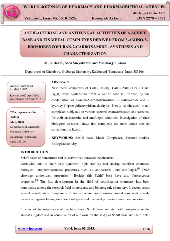 (PDF) ANTIBACTERIAL AND ANTIFUNGAL ACTIVITIES OF A SCHIFF BASE AND ITS METAL COMPLEXES DERIVED ...