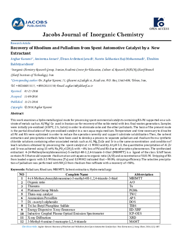 (PDF) Recovery of Rhodium and Palladium from Spent Automotive Catalyst ...