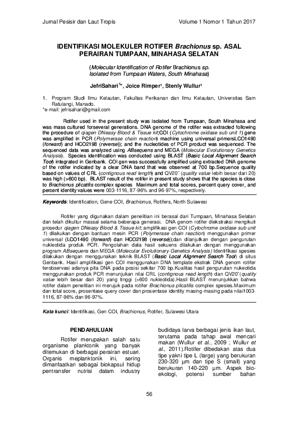 (PDF) IDENTIFIKASI MOLEKULER ROTIFER Brachionus sp. ASAL