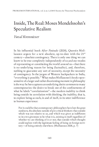 (PDF) Inside, The Real: Moses Mendelssohn's Speculative Realism