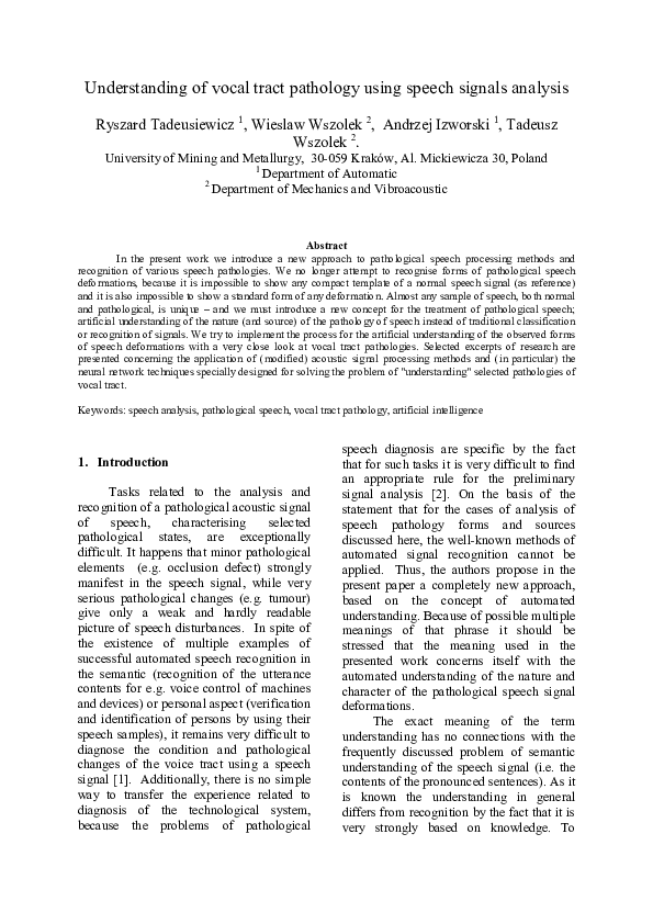 (PDF) Understanding of vocal tract pathology using speech signals analysis