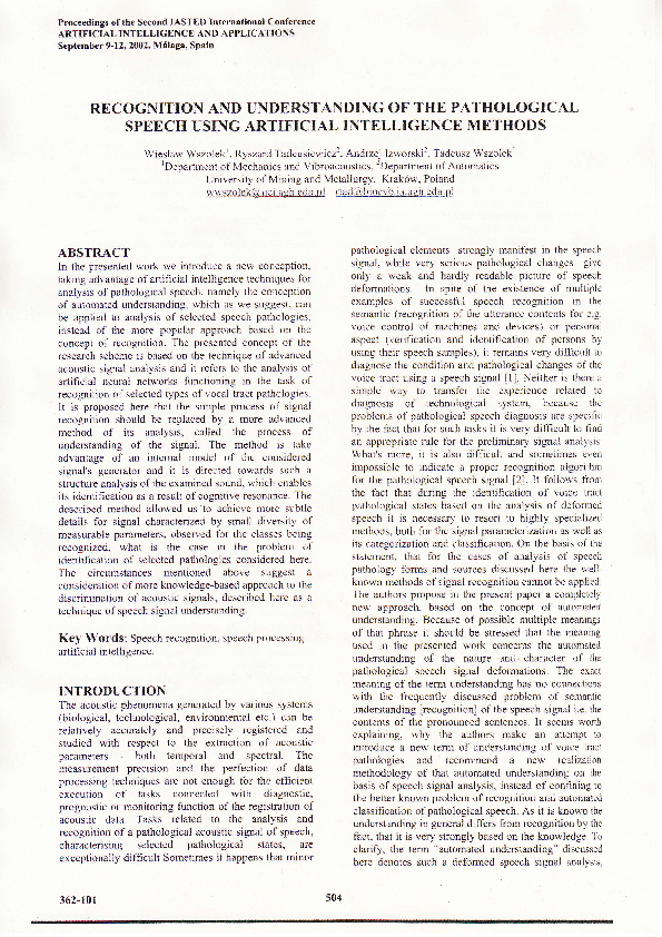 Pdf Recognition And Understanding Of The Pathological Speech Using Artificial Intelligence Methods