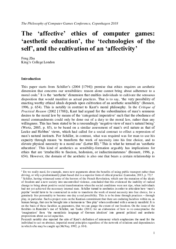 (PDF) The 'affective' ethics of computer games: 'aesthetic education ...