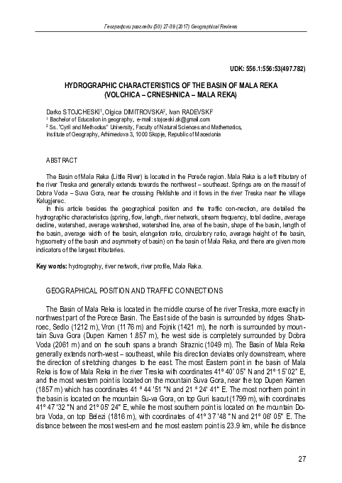 (PDF) HYDROGRAPHIC CHARACTERISTICS OF THE BASIN OF MALA REKA (VOLCHICA ...