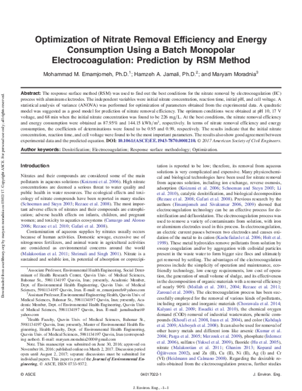 (PDF) Optimization of Nitrate Removal Efficiency and Energy Consumption Using a Batch Monopolar ...