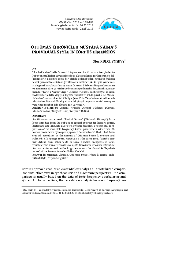 (PDF) Ottoman Chronicler Mustafa Naima's Individual Style In Corpus ...