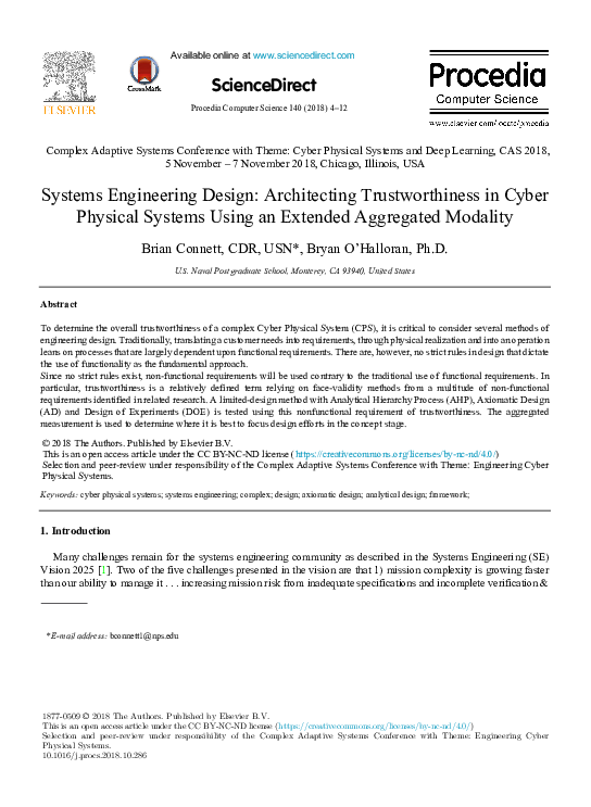 (PDF) Systems Engineering Design: Architecting Trustworthiness in Cyber Physical Systems Using ...