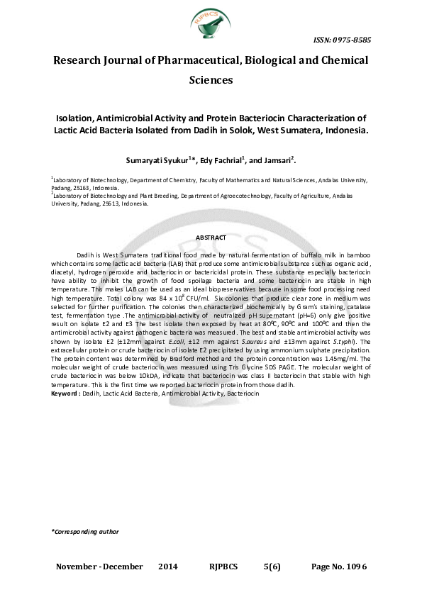 Pdf Isolation Antimicrobial Activity And Protein Bacteriocin Characterization Of Lactic Acid