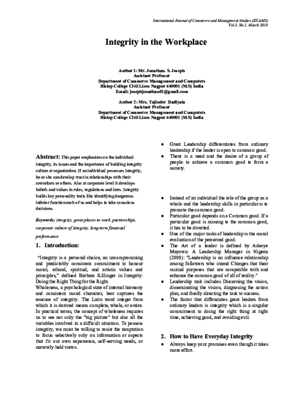 (PDF) Integrity in the Workplace