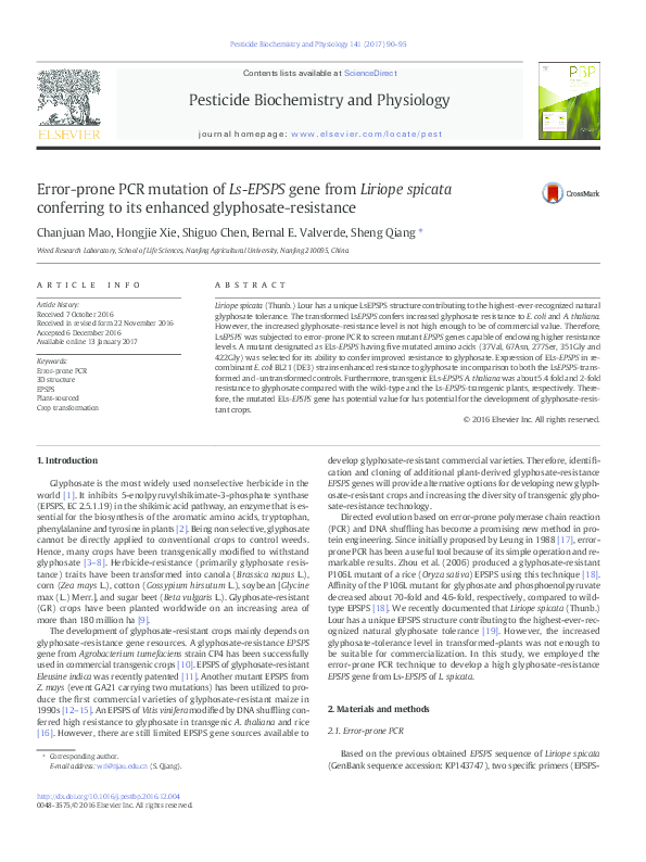 (PDF) Error-prone PCR mutation of Ls-EPSPS gene from Liriope spicata ...