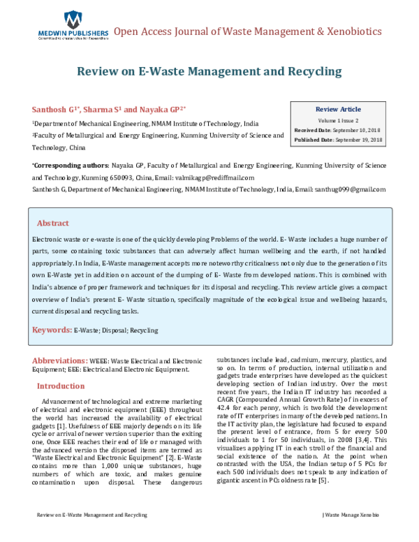 (PDF) Review on E-Waste Management and Recycling