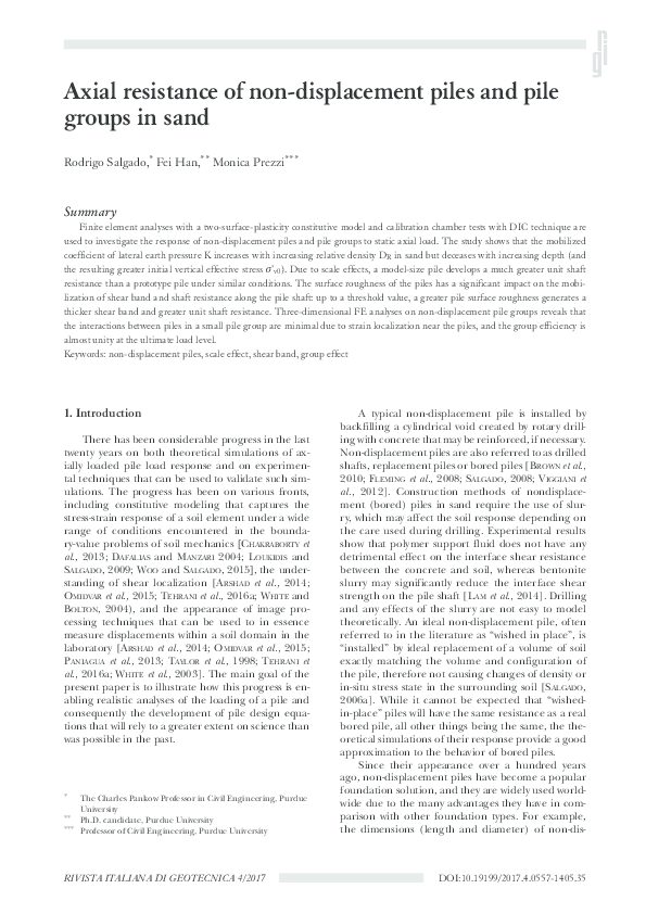 (PDF) Axial resistance of non-displacement piles and pile groups in sand