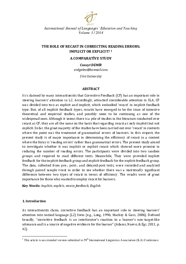 (PDF) THE ROLE OF RECAST IN CORRECTING READING ERRORS; IMPLICIT OR EXPLICIT? 1 A COMPARATİVE STUDY