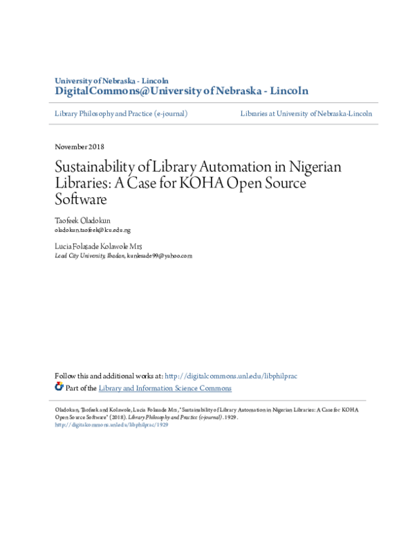 (PDF) Sustainability of Library Automation in Nigerian Libraries: A Case for KOHA Open Source ...