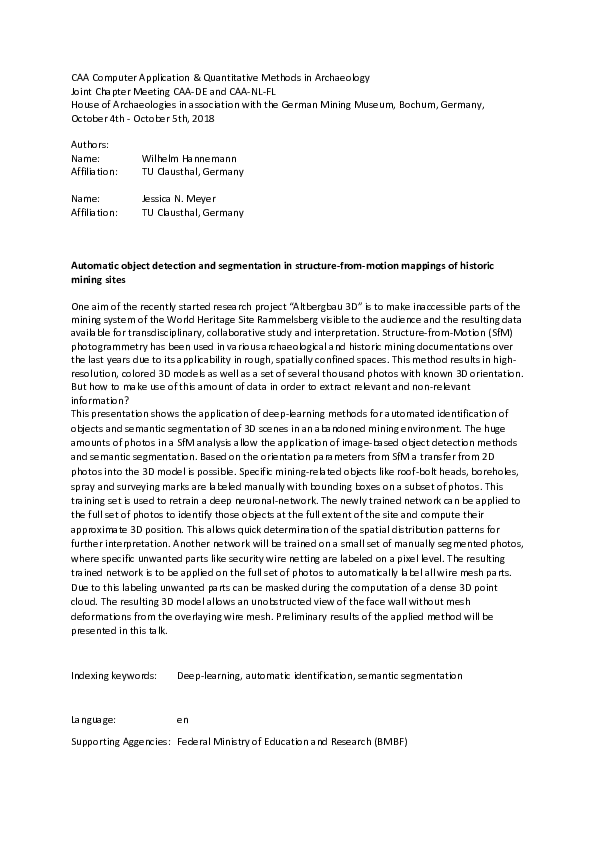 Pdf Automatic Object Detection And Segmentation In Structure From Motion Mappings Of Historic