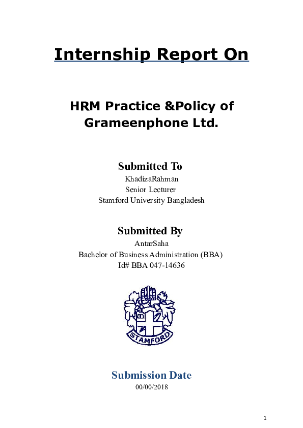 (DOC) Internship Report On HRM Practice &Policy of Grameenphone Ltd. Submission Date