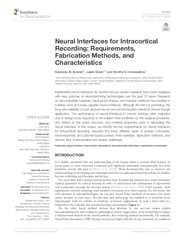 (PDF) Neural Interfaces for Intracortical Recording: Requirements ...