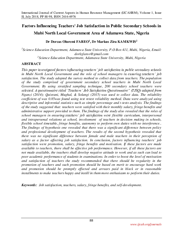 (PDF) Factors Influencing Teachers' Job Satisfaction in Public Secondary Schools in Mubi North ...