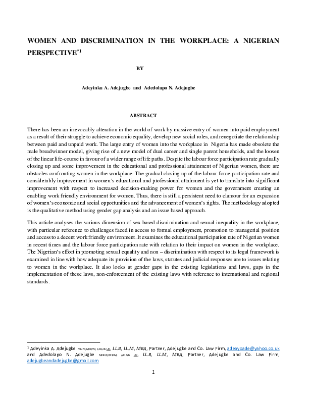 (PDF) WOMEN AND DISCRIMINATION IN THE WORKPLACE: A NIGERIAN PERSPECTIVE *1