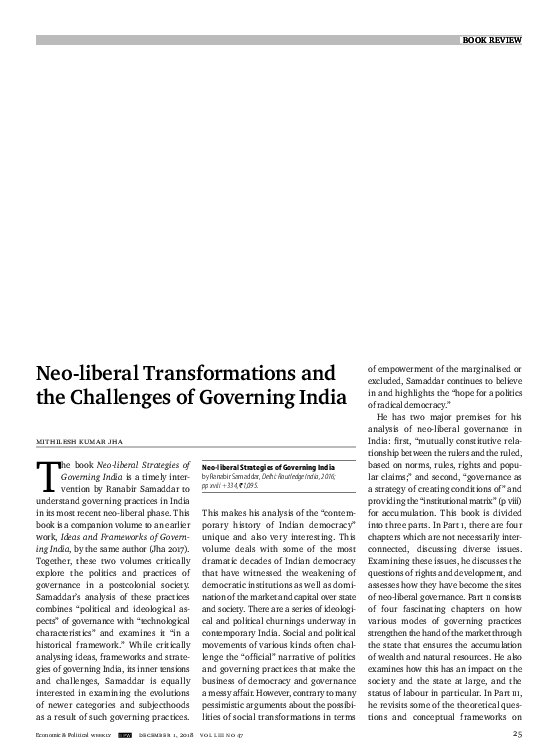 (PDF) Neo-liberal Transformations and the Challenges of Governing India