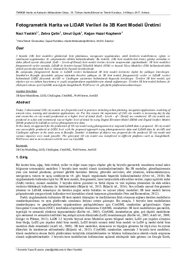 (PDF) Fotogrametrik Harita ve LiDAR Verileri ile 3B Kent Modeli Üretimi