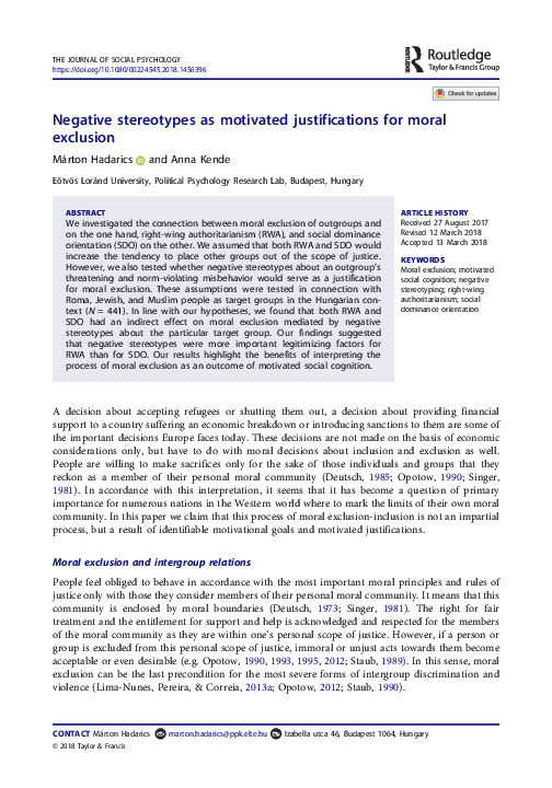 (PDF) Negative stereotypes as motivated justifications for moral exclusion