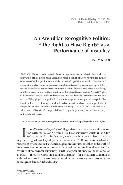 (PDF) An Arendtian Recognitive Politics: The Right to Have Rights as a ...
