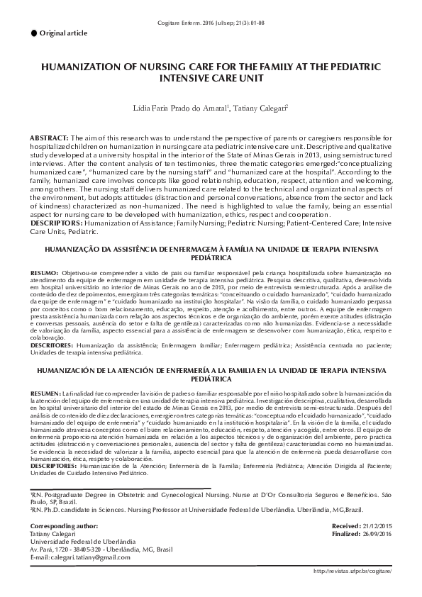 (PDF) HUMANIZATION OF NURSING CARE FOR THE FAMILY AT THE PEDIATRIC ...