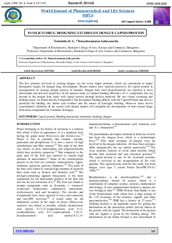 (PDF) IN SILICO DRUG DESIGNING STUDIES ON DENGUE CAPSID PROTEIN