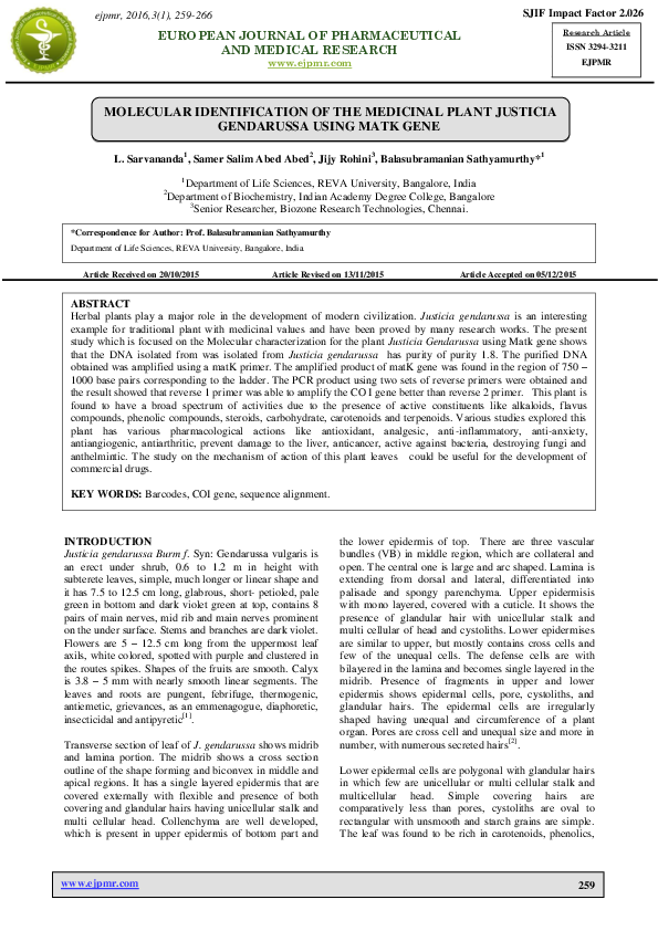(PDF) MOLECULAR IDENTIFICATION OF THE MEDICINAL PLANT JUSTICIA ...
