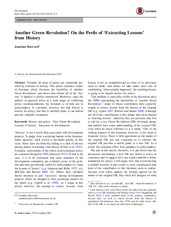 (PDF) Another Green Revolution? On the Perils of 'Extracting Lessons ...