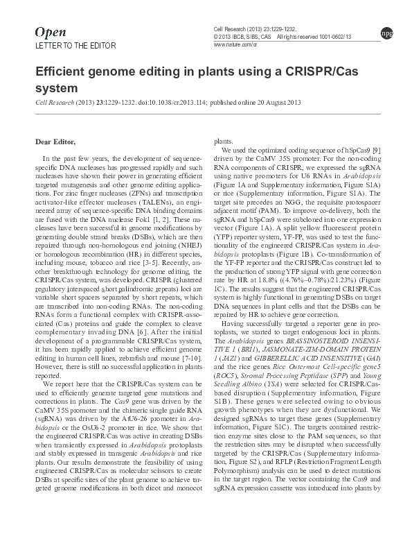 (PDF) Efficient genome editing in plants using a CRISPR/Cas system