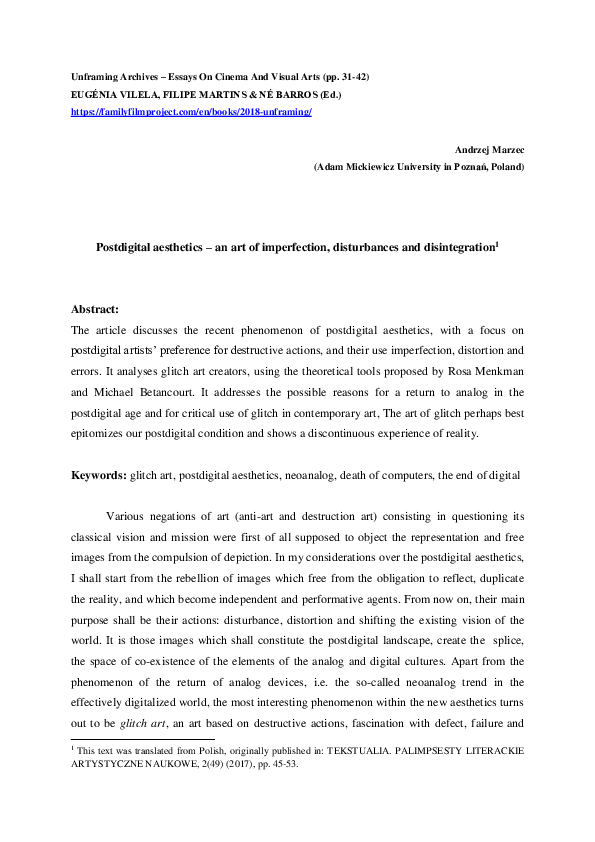 (PDF) Postdigital aesthetics – an art of imperfection, disturbances and disintegration