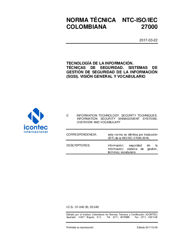 (PDF) NORMA TÉCNICA NTC-ISO/IEC COLOMBIANA 27000 TECNOLOGÍA DE LA ...