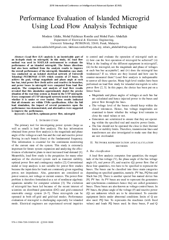 Pdf Performance Evaluation Of Islanded Microgrid Using Load Flow Analysis Technique