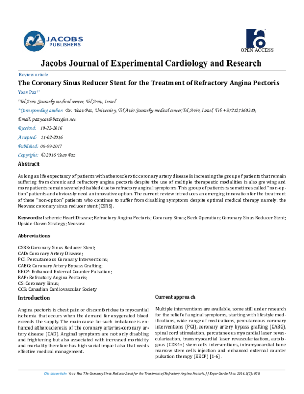 (PDF) The Coronary Sinus Reducer Stent for the Treatment of Refractory ...