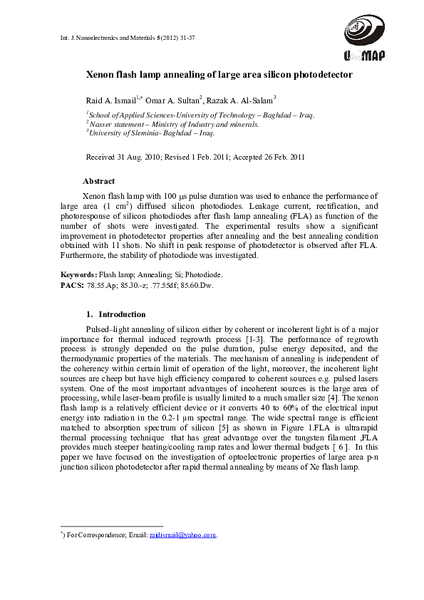 (PDF) Xenon flash lamp annealing for large area silicon photodetector