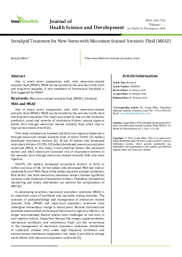 (PDF) Intralipid Treatment for New-borns with Meconium Stained Amniotic ...