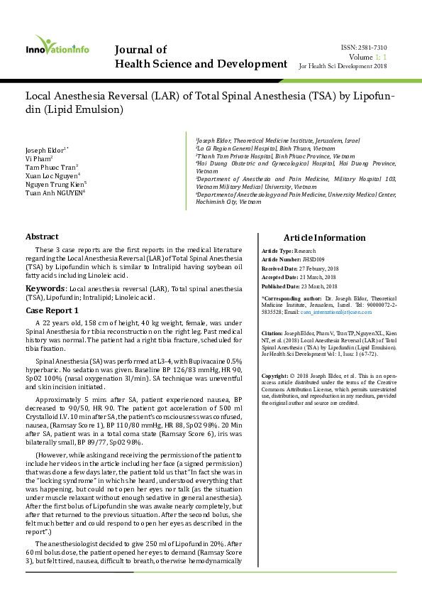 (PDF) Local Anesthesia Reversal (LAR) of Total Spinal Anesthesia (TSA) by Lipofun- din (Lipid ...