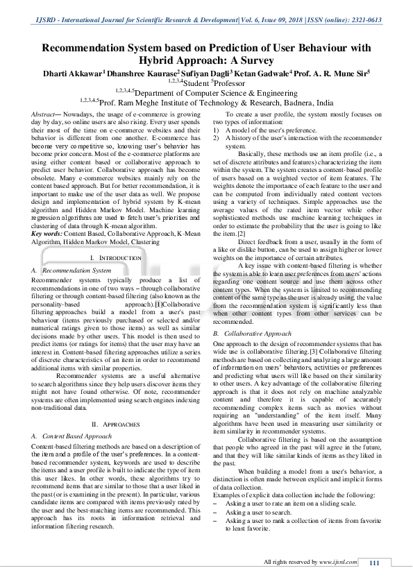 Pdf Recommendation System Based On Prediction Of User Behaviour With