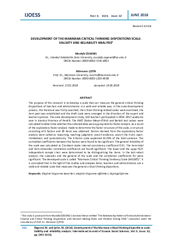 (PDF) DEVELOPMENT OF THE MARMARA CRITICAL THINKING DISPOSITIONS SCALE: VALIDITY AND RELIABILITY ...