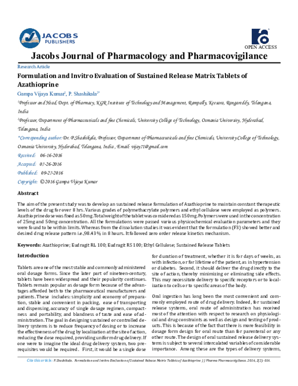 Pdf Formulation And Invitro Evaluation Of Sustained Release Matrix Tablets Of Azathioprine