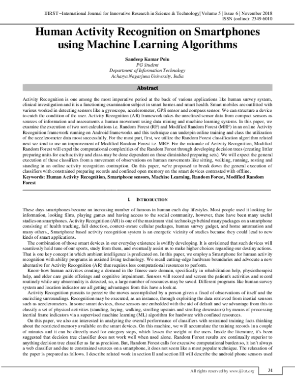 Pdf Human Activity Recognition On Smartphones Using Machine Learning Algorithms